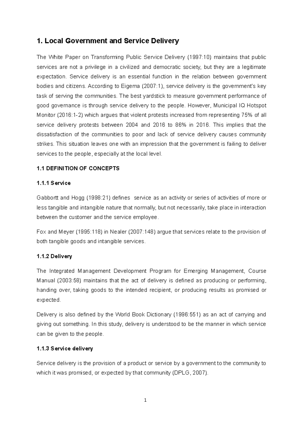 Local Government and Service delivery - 1. Local Government and Service ...