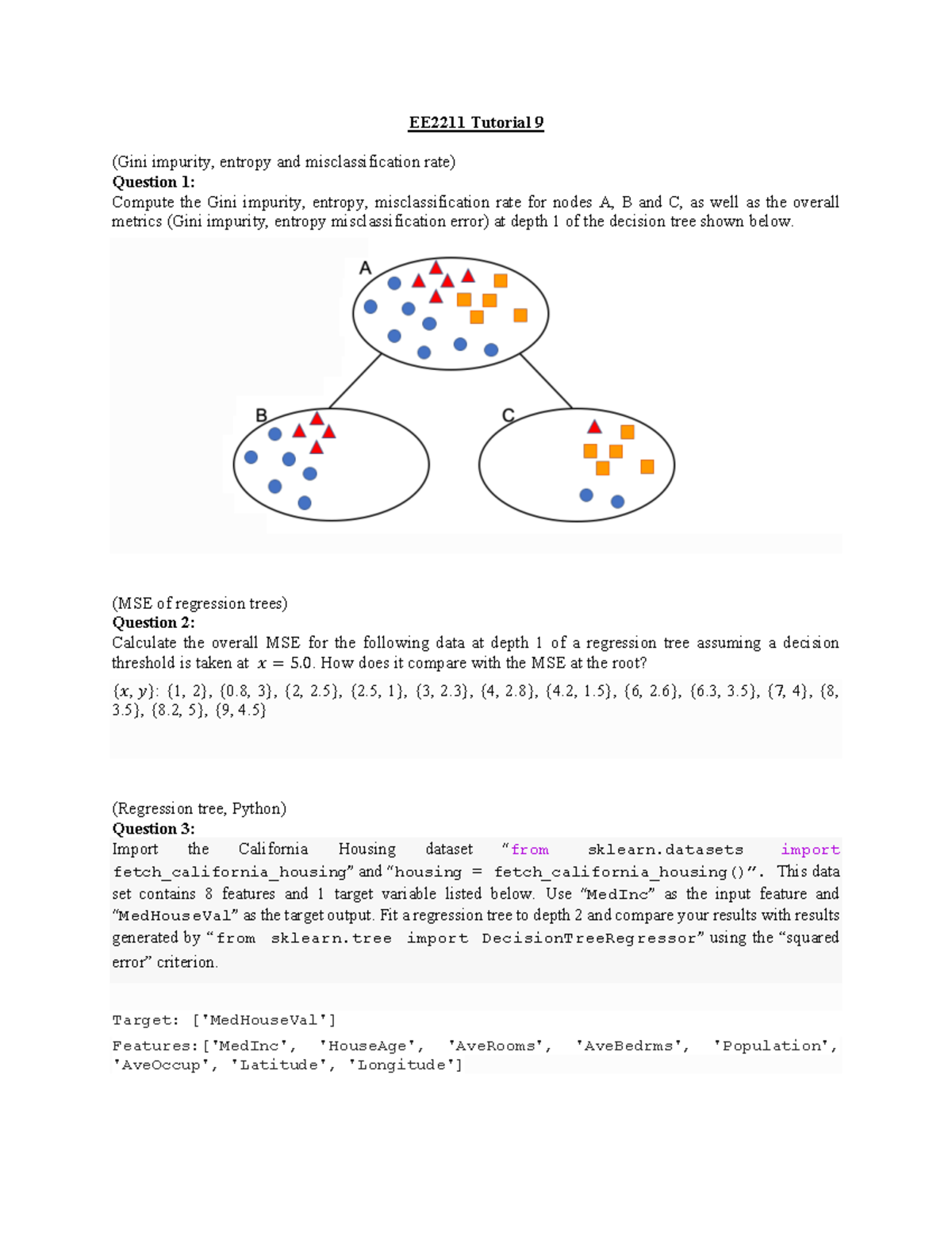 Tutorial 9 - tut qn - EE2211 Tutorial 9 (Gini impurity, entropy and ...