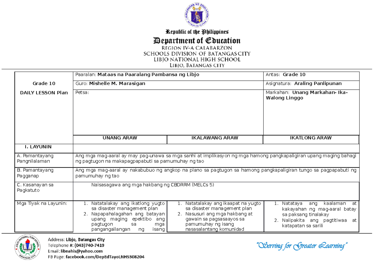 Ap new dlp q1 week 8 - dll - Grade 10 DAILY LESSON Plan Paaralan ...