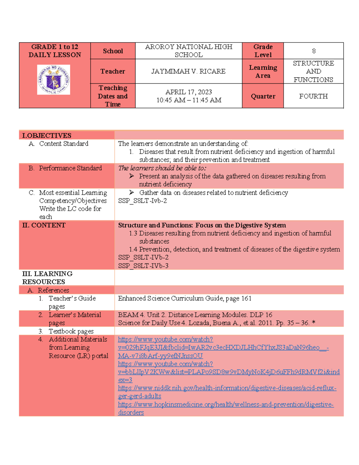 Lesson Plan-Q3M8: Understanding Digestive Diseases in Grade 8 - Studocu