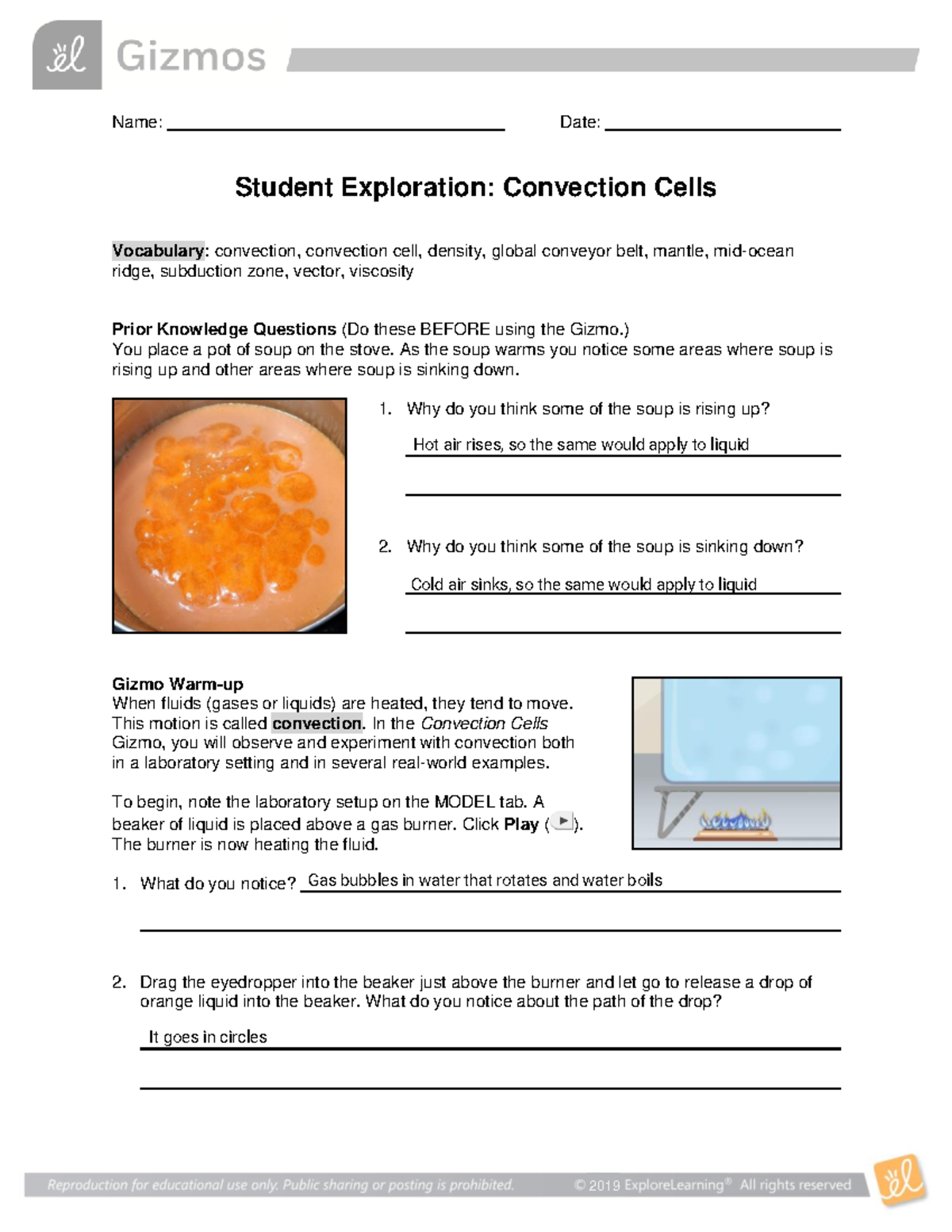 Convection Cells SE Answer Key - Student Exploration Guide - Studocu