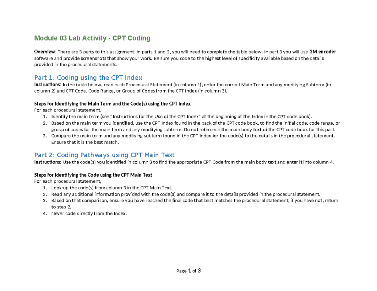 HIM1103 Module 03 Lab Activity: CPT Coding Overview & Practice - Studocu