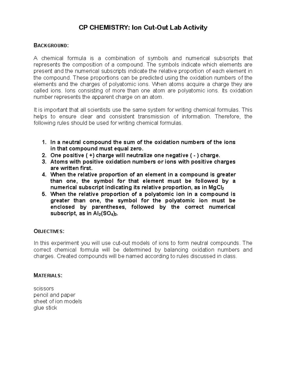 CP CHEMISTRY: Ion Lab Activity - Formulas & Naming Guide - Studocu