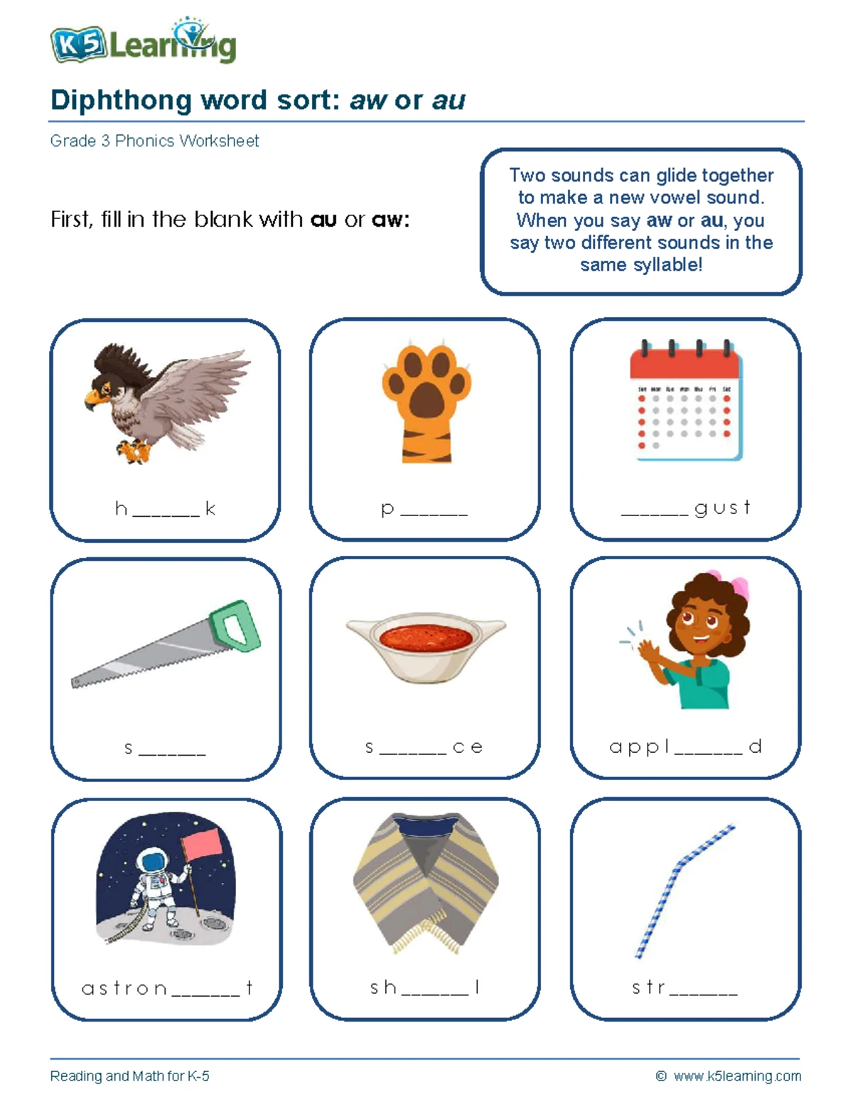 READING DIPTHONGS - Reading and Math for K-5 © k5learning Diphthong ...