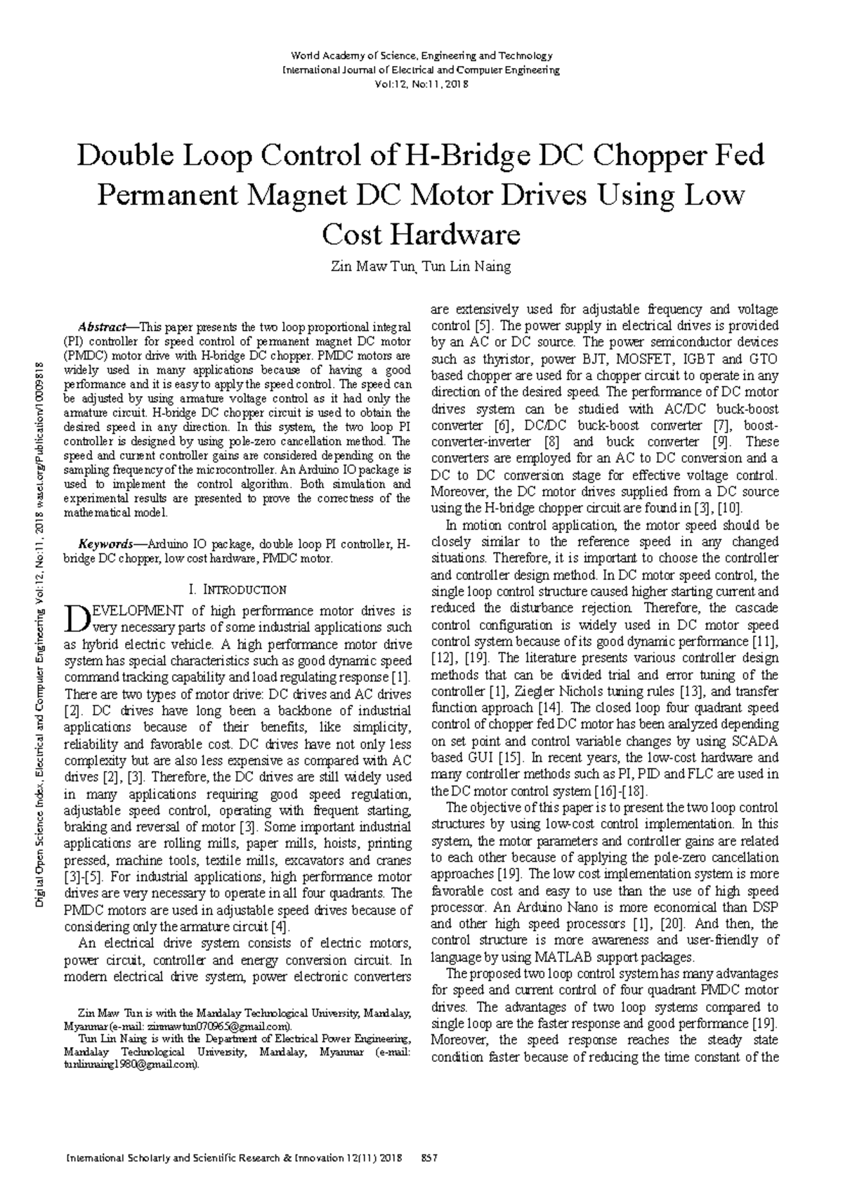 Double Loop Control of H-Bridge PMDC Motor Drives Using Low-Cost ...