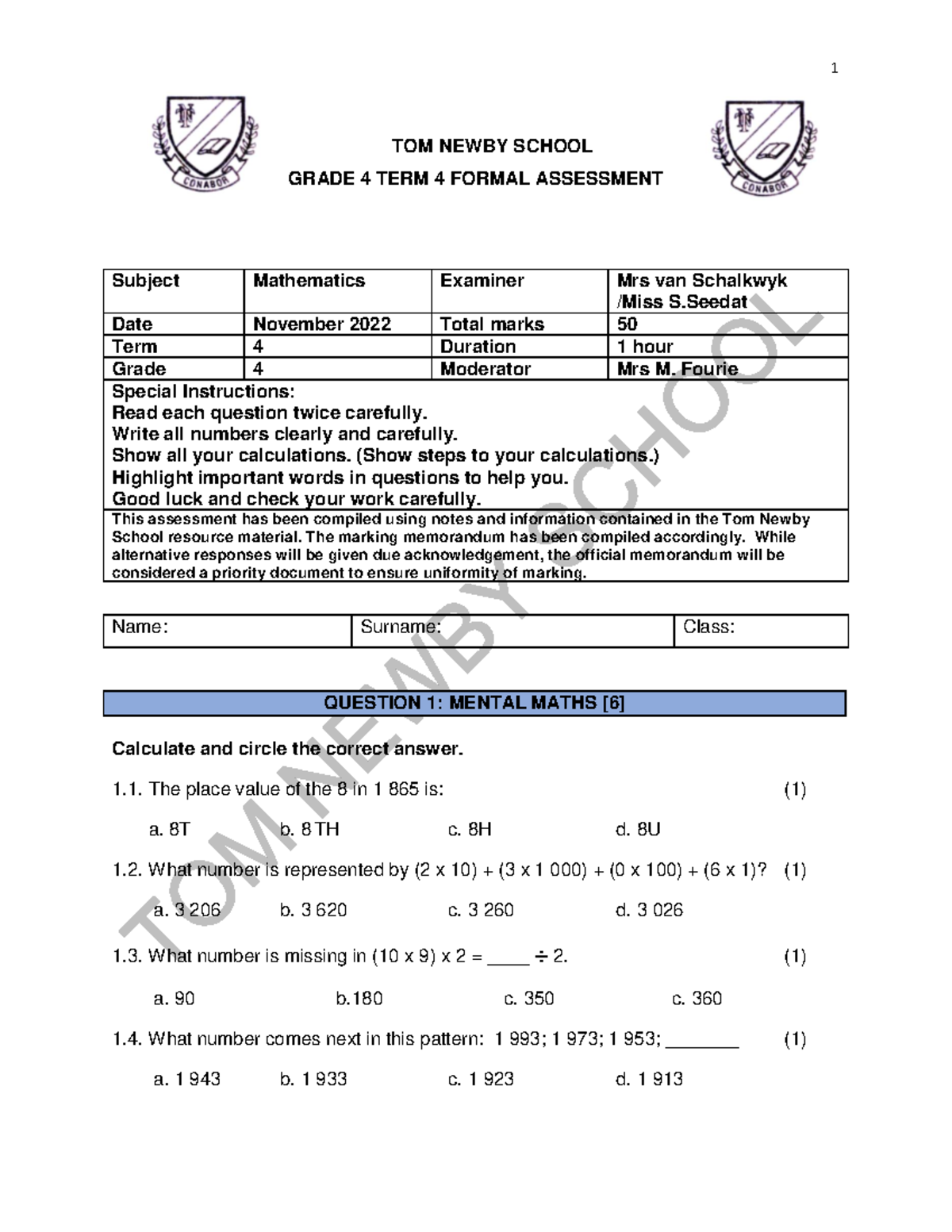 Grade 4 Mathematics Term 4 Formal Assessment - Nov 2022 - Studocu