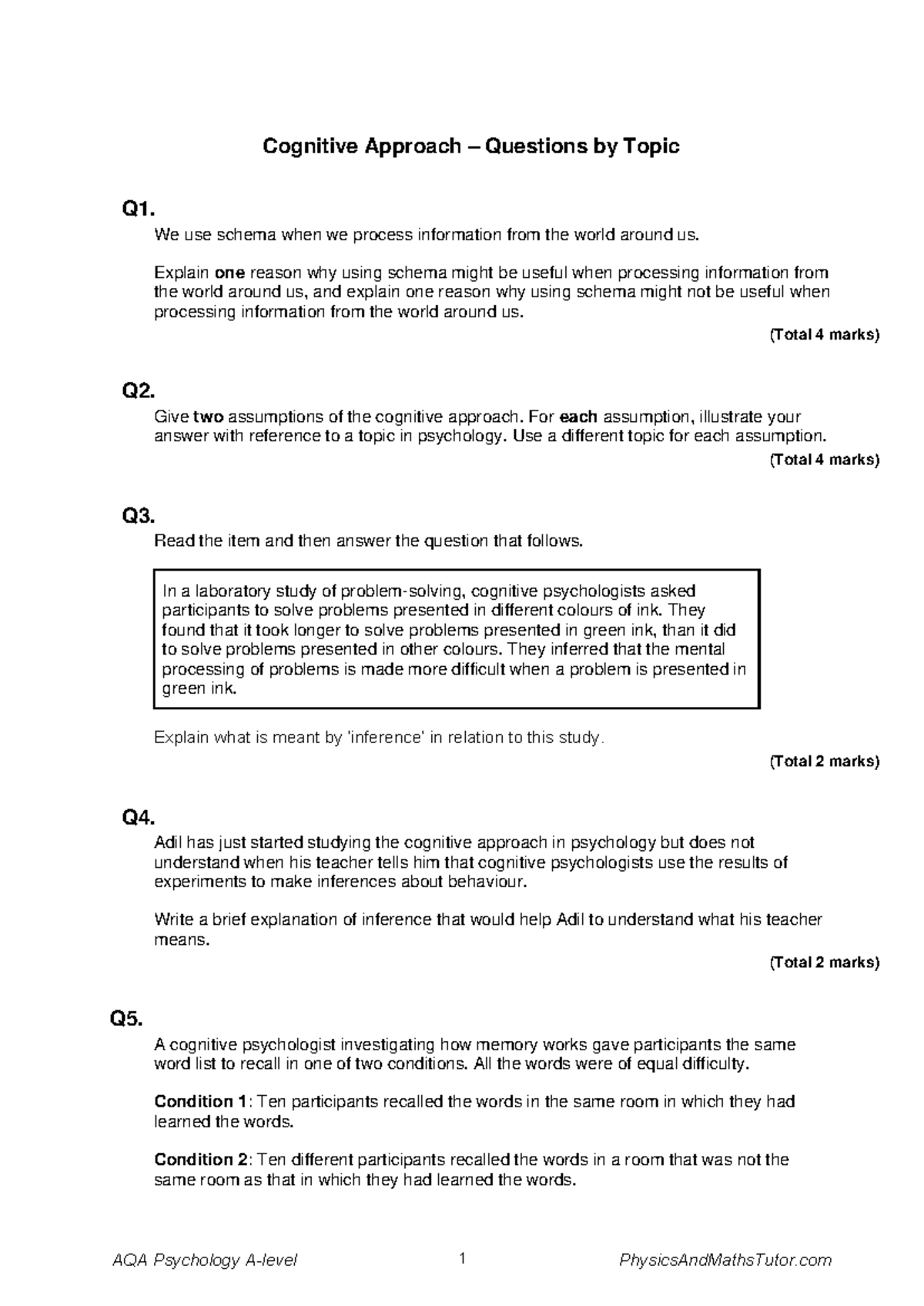 Cognitive Approach – Topic-Based Questions for AQA Psychology A-level ...