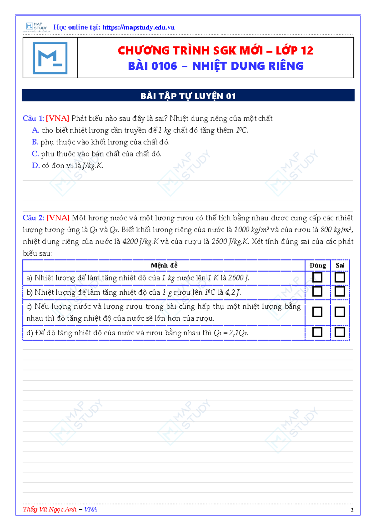 17 - CHO2: Nhiệt Dung Riêng và Bài Tập Tự Luyện Lớp 12 - Studocu