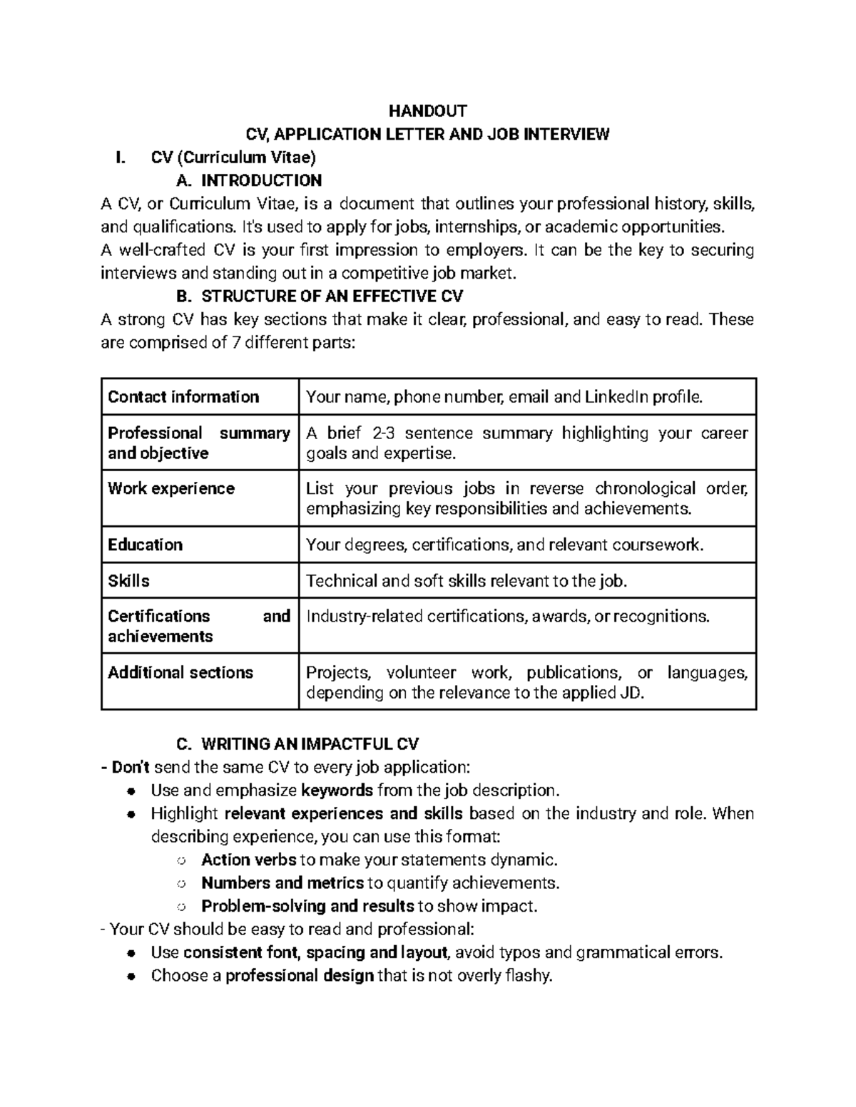 HANDOUT JOB INTERVIEW AND CV APPLICATION - HANDOUT CV, APPLICATION ...