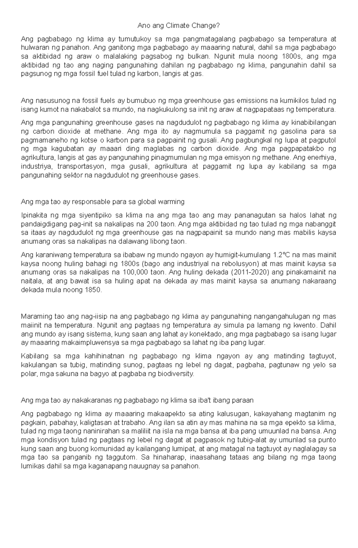Pagsusuri sa Climate Change: Mga Sanhi at Epekto sa Sangkatauhan - Studocu
