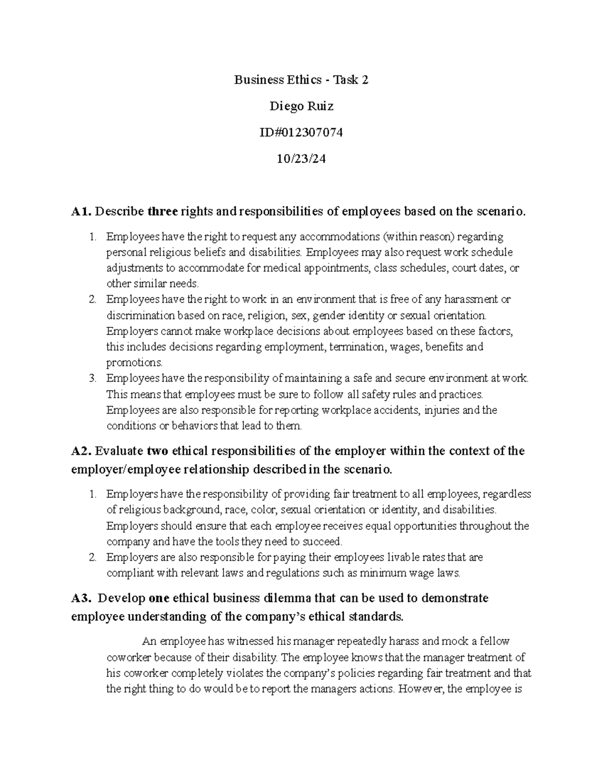 C717 Task 2 - Passed - Business Ethics - Task 2 Diego Ruiz ID# 10/23 ...