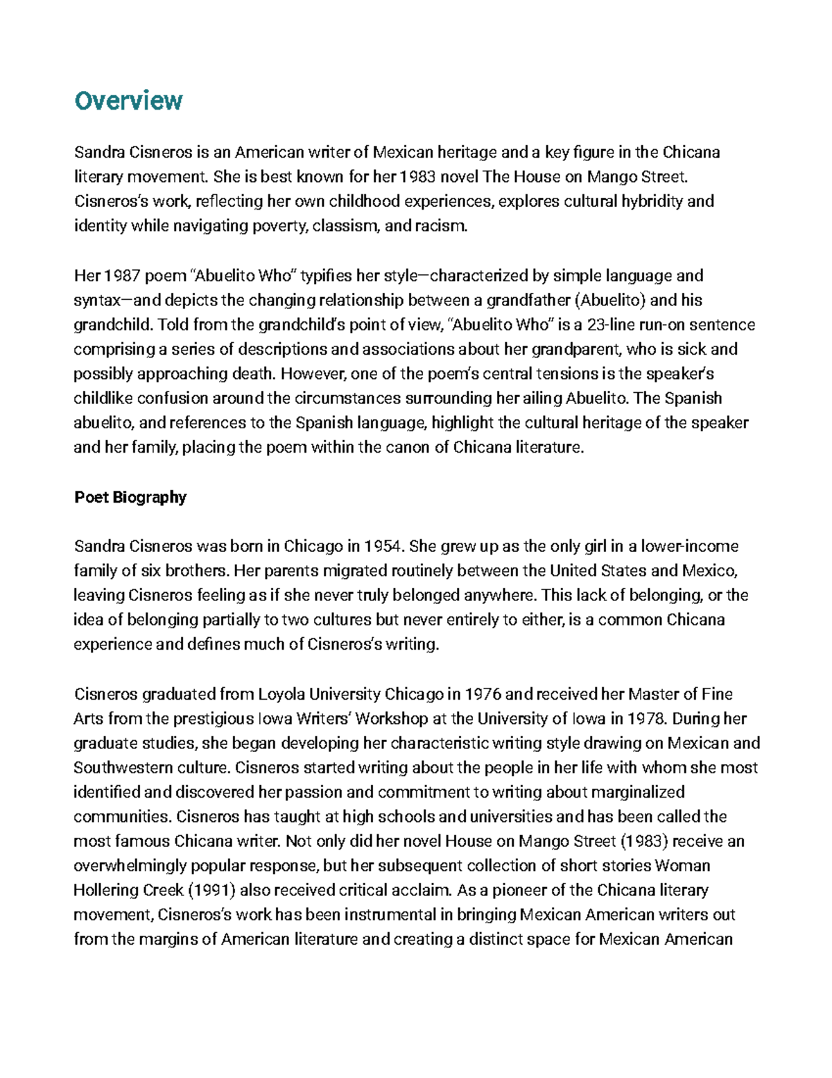 Abuelito Who: Summary & Analysis of Cisneros' Poem (ENG 202) - Studocu