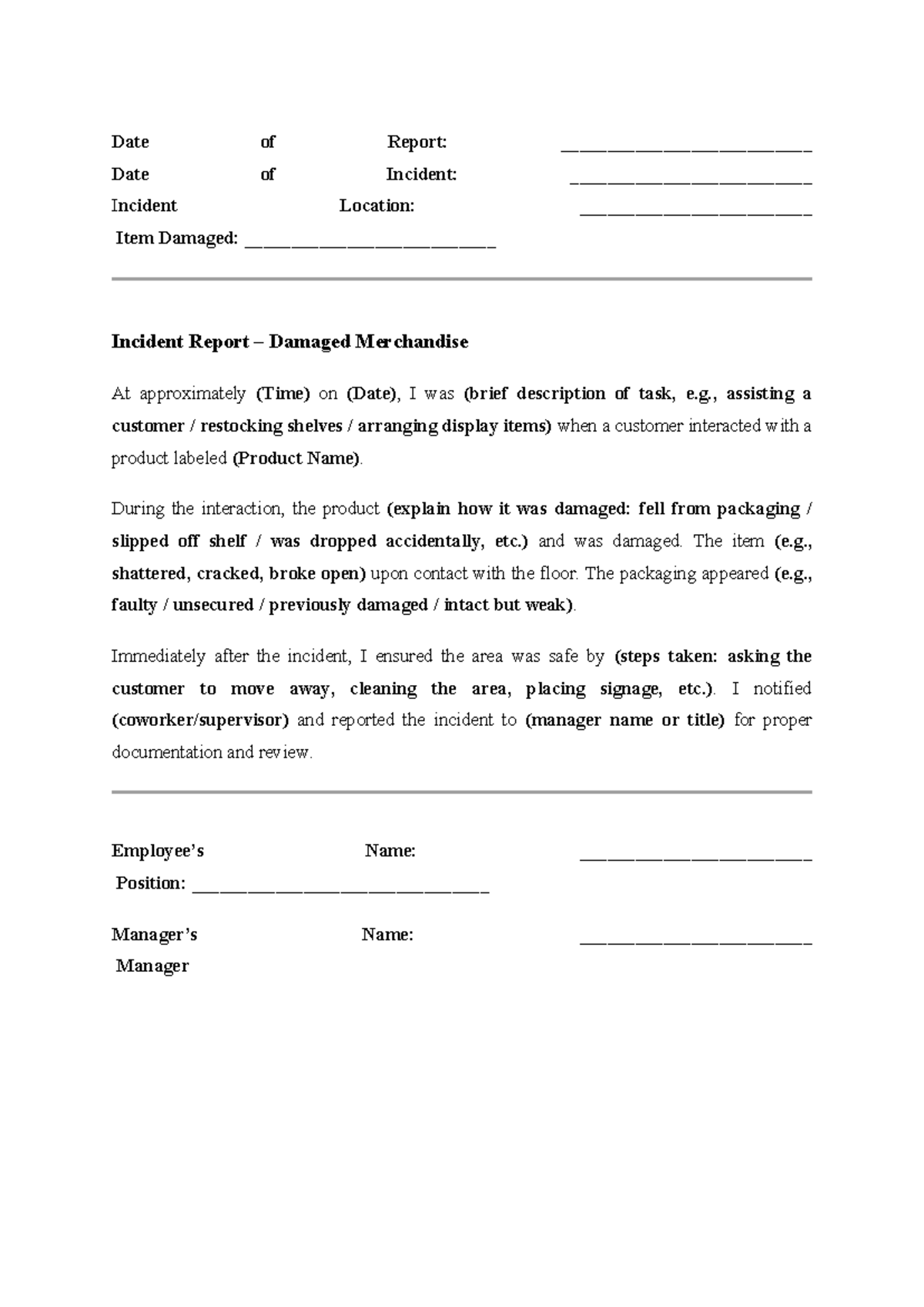 Incident Report Template: Damaged Merchandise Documentation - Studocu