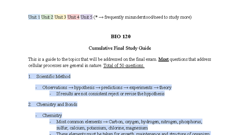 BIO 120 Cumulative Final Exam Study Guide: Key Topics Overview - Studocu