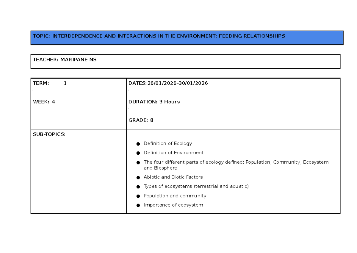 Grade 8 NS Lesson Plan: Interdependence & Ecosystems (Week 3) - Studocu