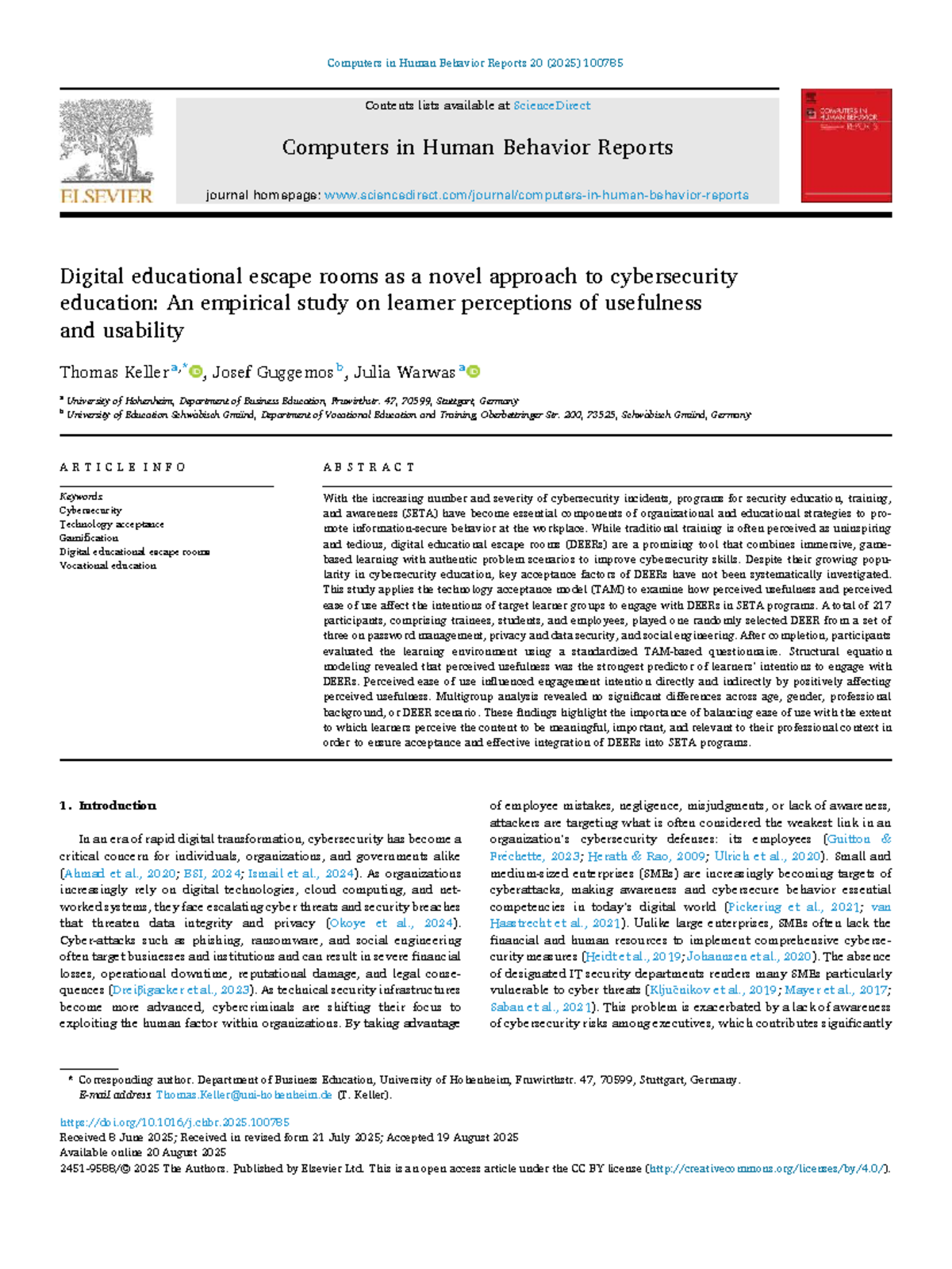 Digital Educational Escape Rooms in Cybersecurity Education: A TAM ...