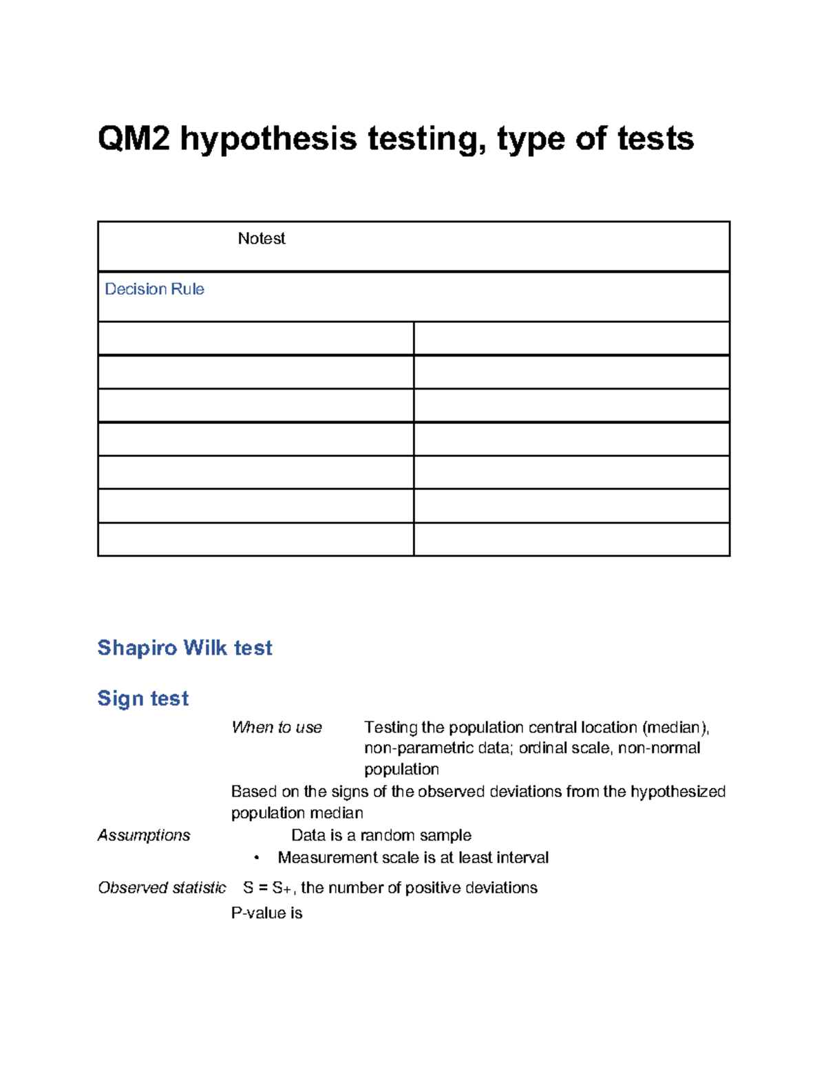 QM2 - Hypothesis Testing - QM2 hypothesis testing, type of tests Notest ...
