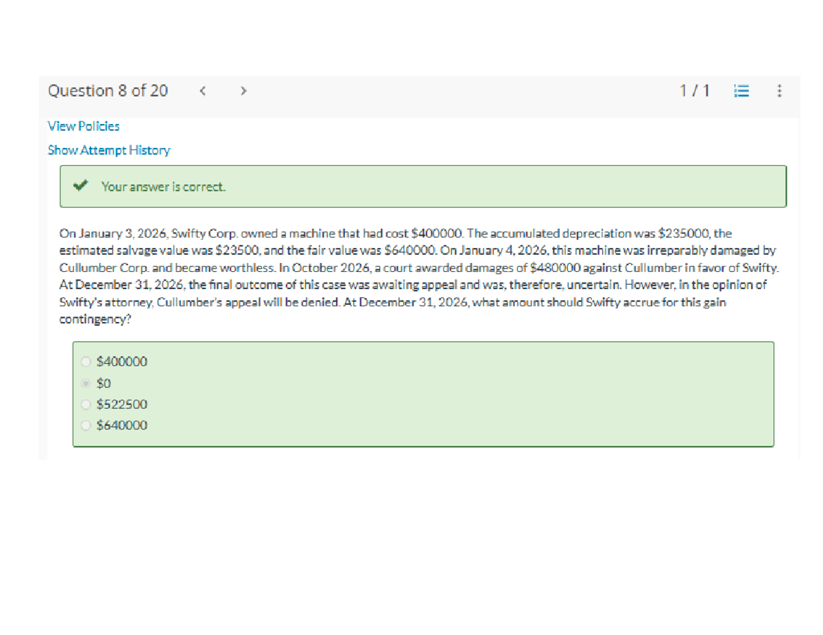 ACC - 318 Quiz 4-1: Swifty Corp. Gain Contingency Analysis - Studocu