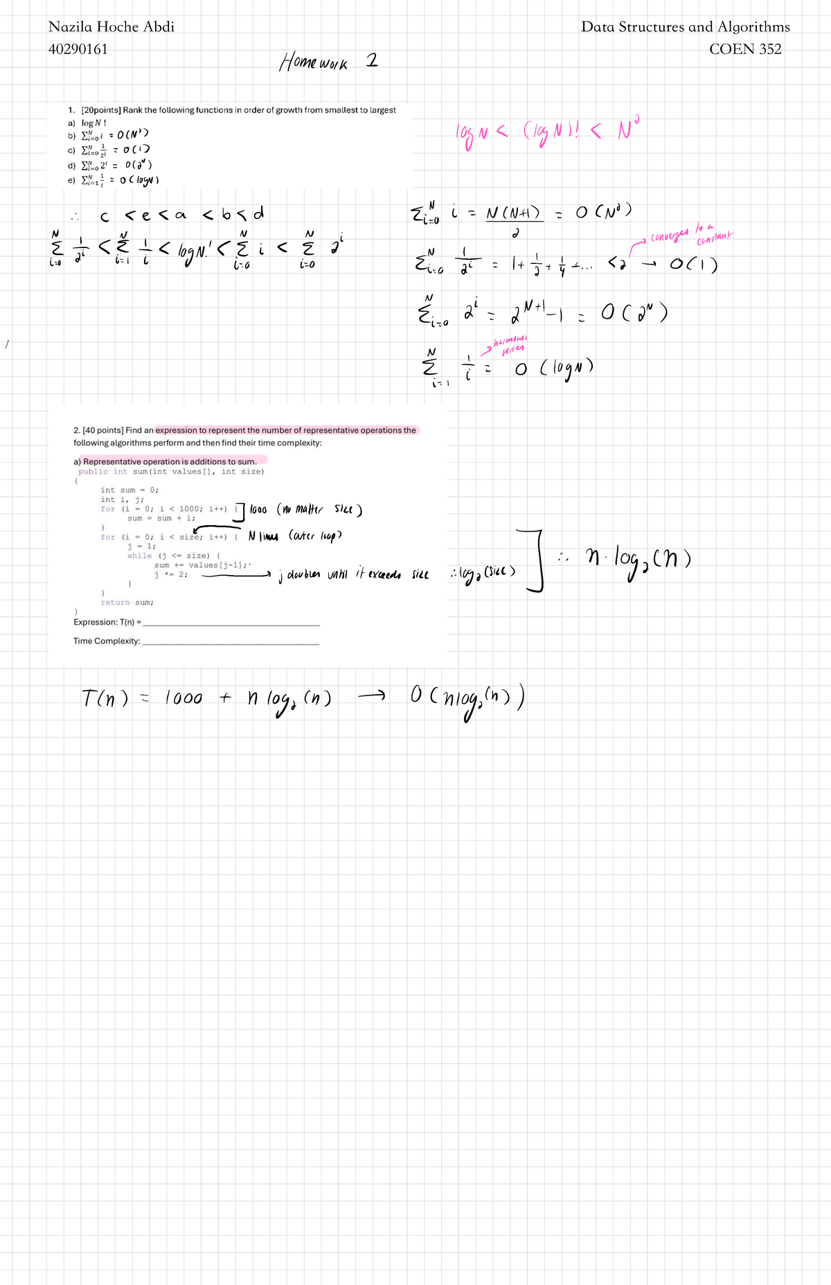 COEN 352 Data Structures and Algorithms Homework I - Studocu