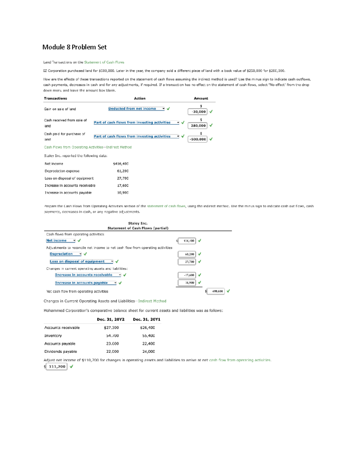 Module 8 Problem Set - Module 8 Problem Set Land Transactions on the Statement of Cash Flows IZ ...