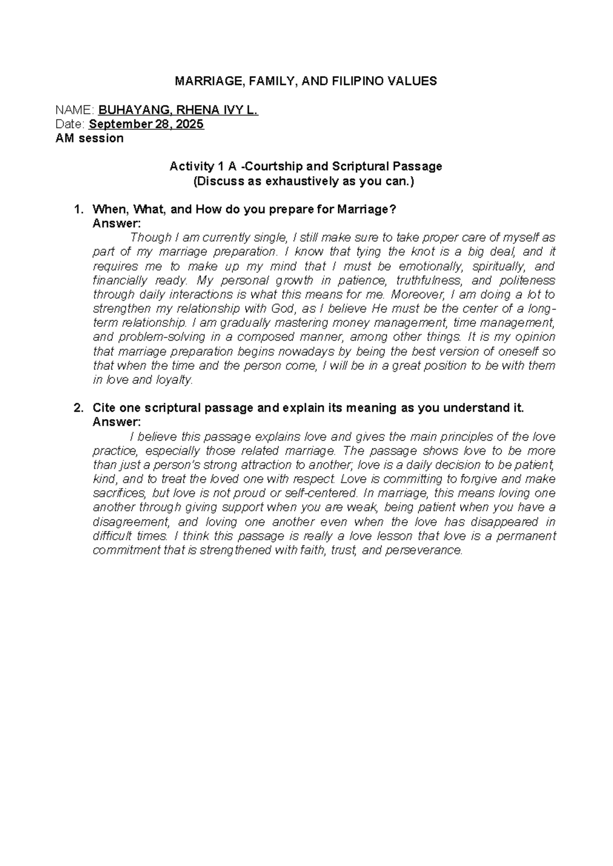 Activity 1A - Marriage, Family, and Filipino Values Insights - Studocu