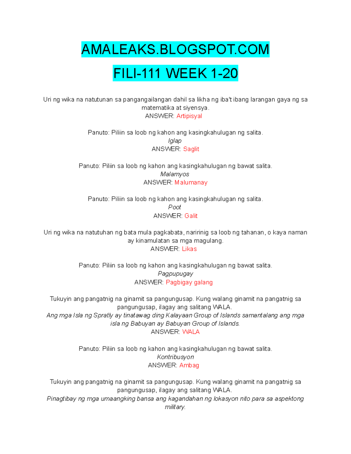 - Amaleaks. Blogspot.COM- FILI-111 Week 1-20 - AMALEAKS.BLOGSPOT FILI ...