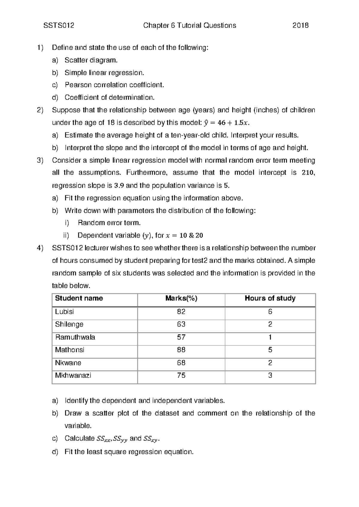 SSTS012 Chapter 6 Tutorial 8: Regression & Correlation Questions - Studocu