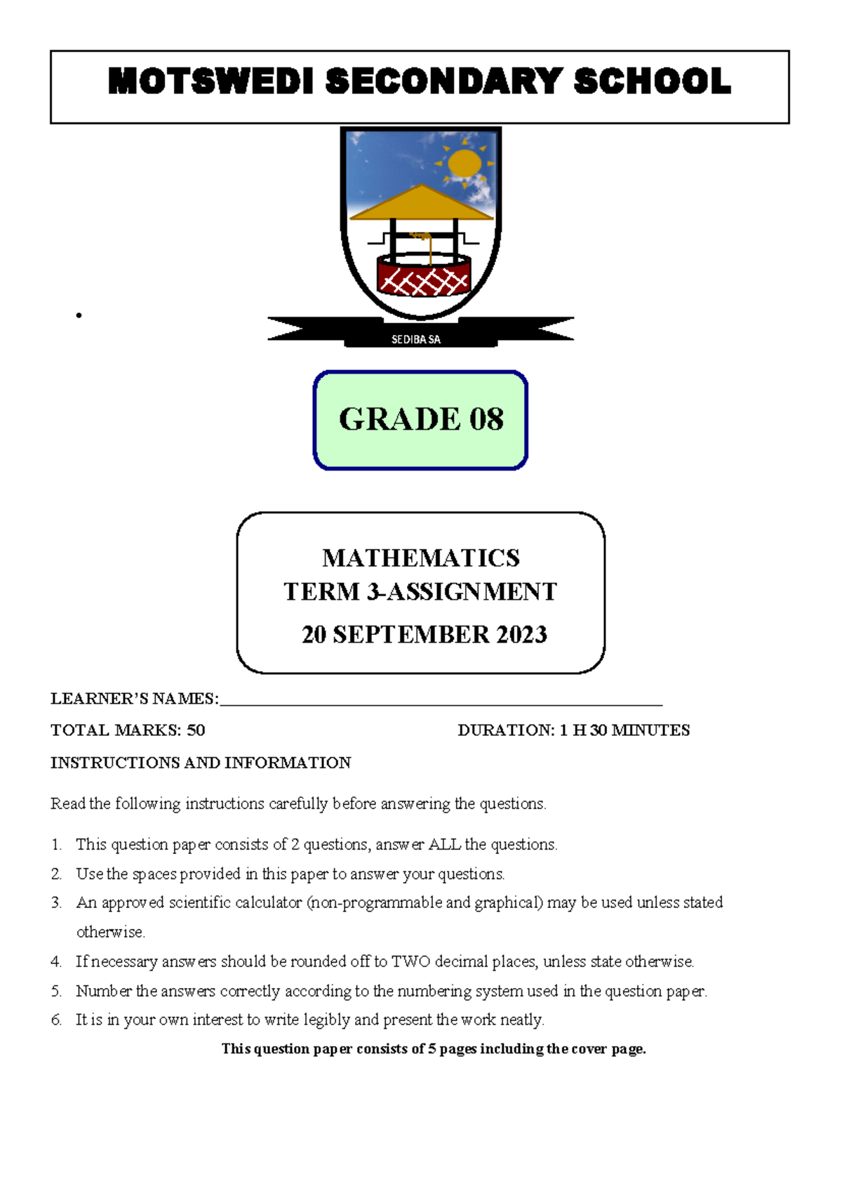 TERM 3 Mathematics Assignment for Grade 8 - 20 September 2023 - Studocu