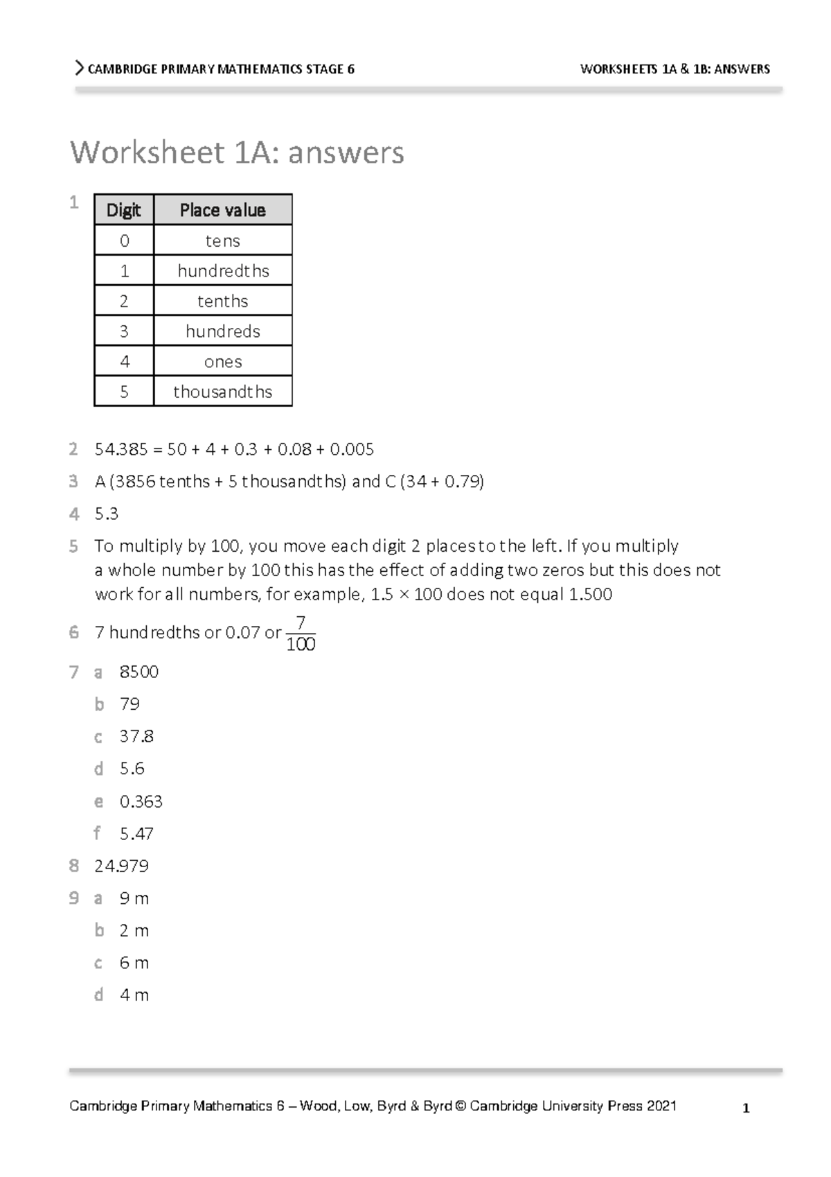 CAMBRIDGE PRIMARY MATHEMATICS STAGE 6 WORKSHEETS ANSWERS - Studocu
