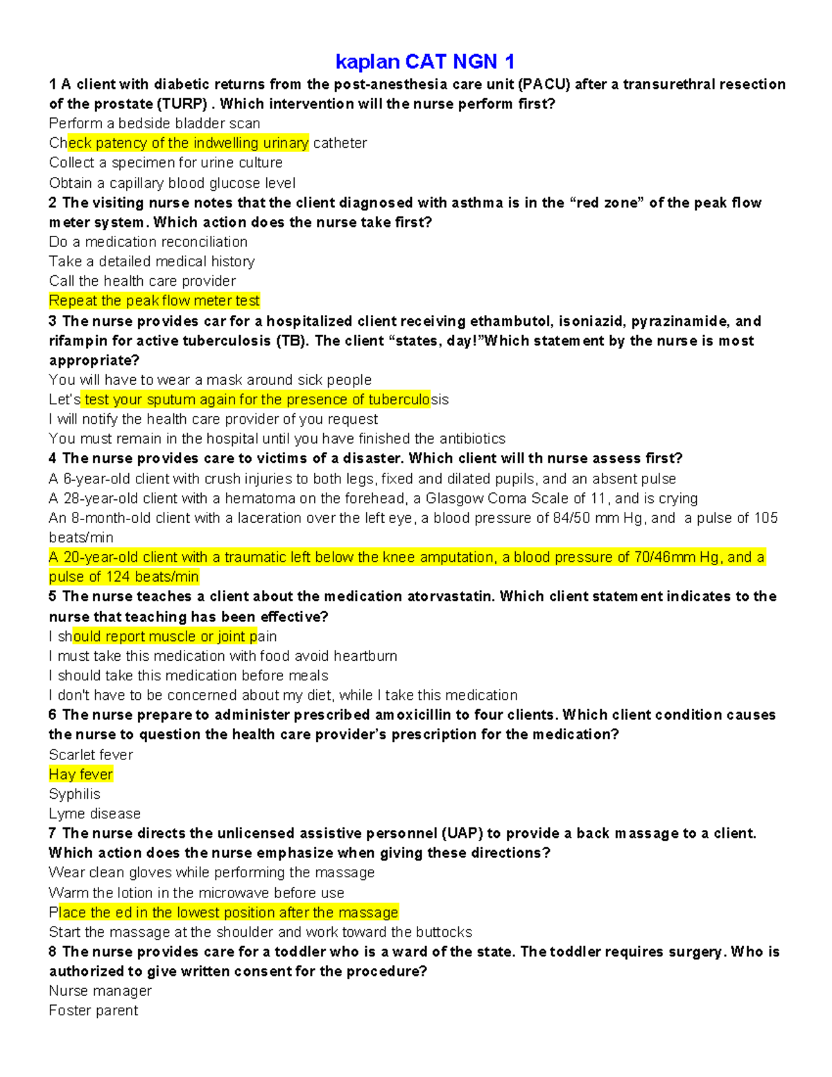 Kaplan CAT NGN 1 - Clinical Nursing Care Notes and Interventions - Studocu