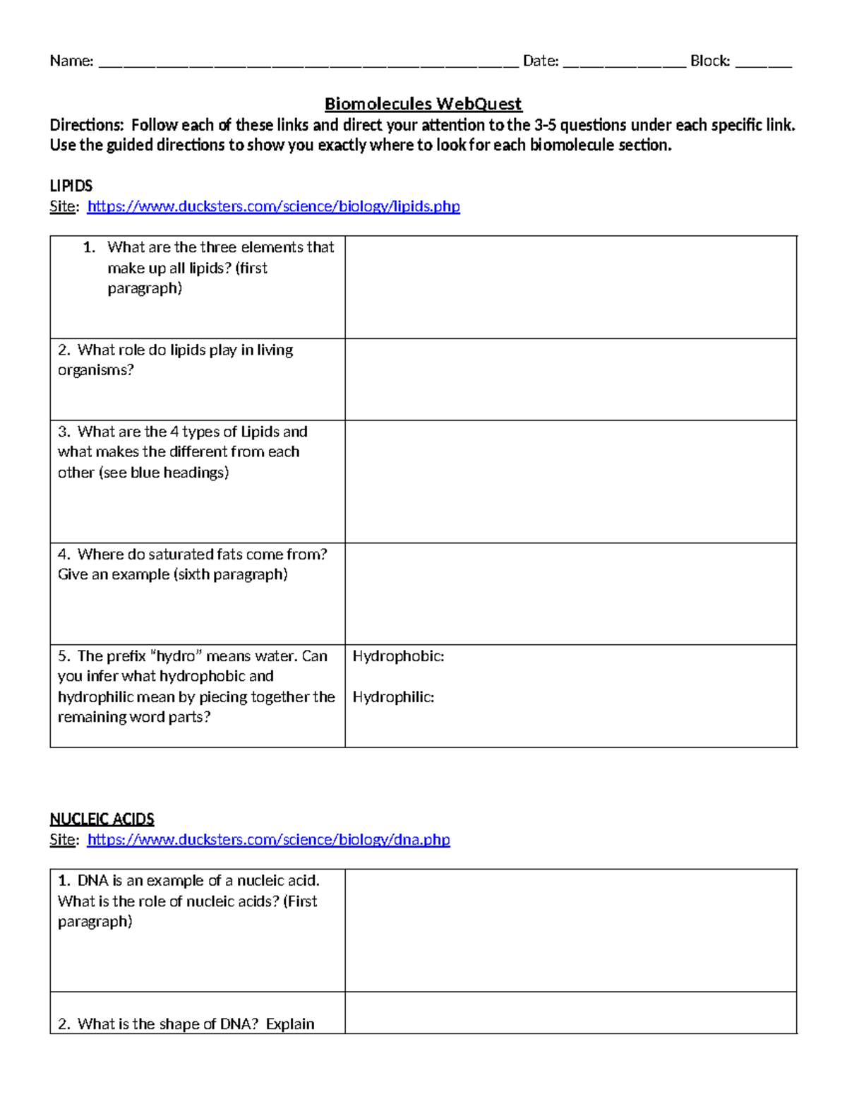 Biomolecules WebQuest: Exploring Lipids and Nucleic Acids - Studocu