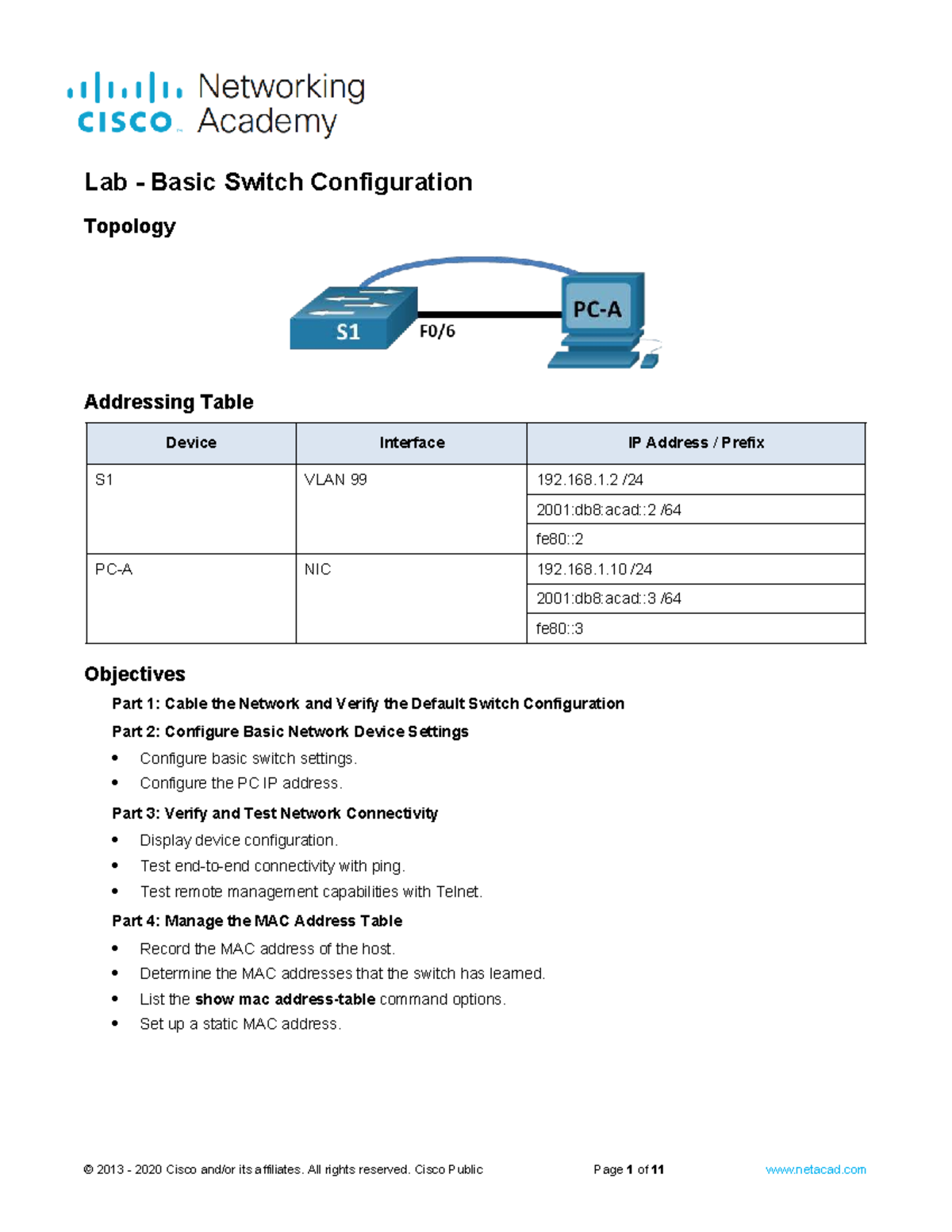 1.1.7 Lab - Basic Switch Configuration for Cisco 2960 Switches - Studocu