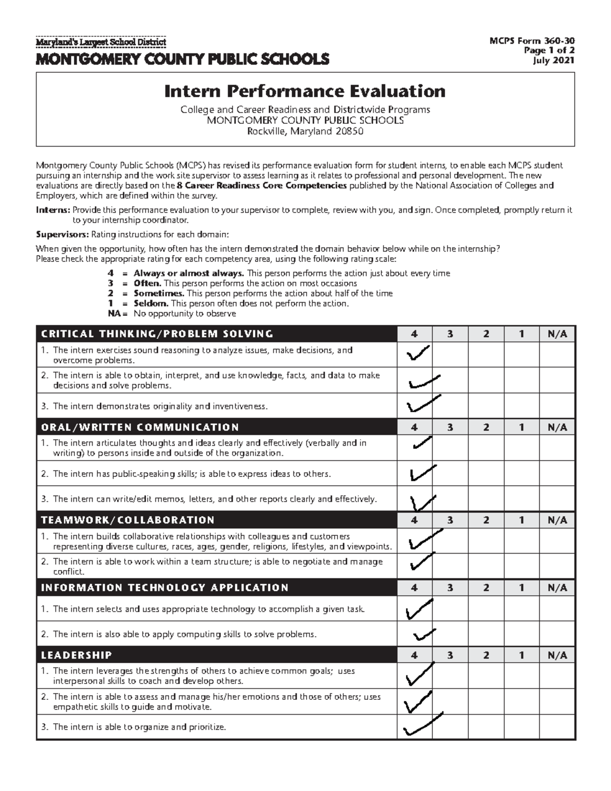 MCPS 360-30 Intern Performance Evaluation Form - July 2021 - Studocu