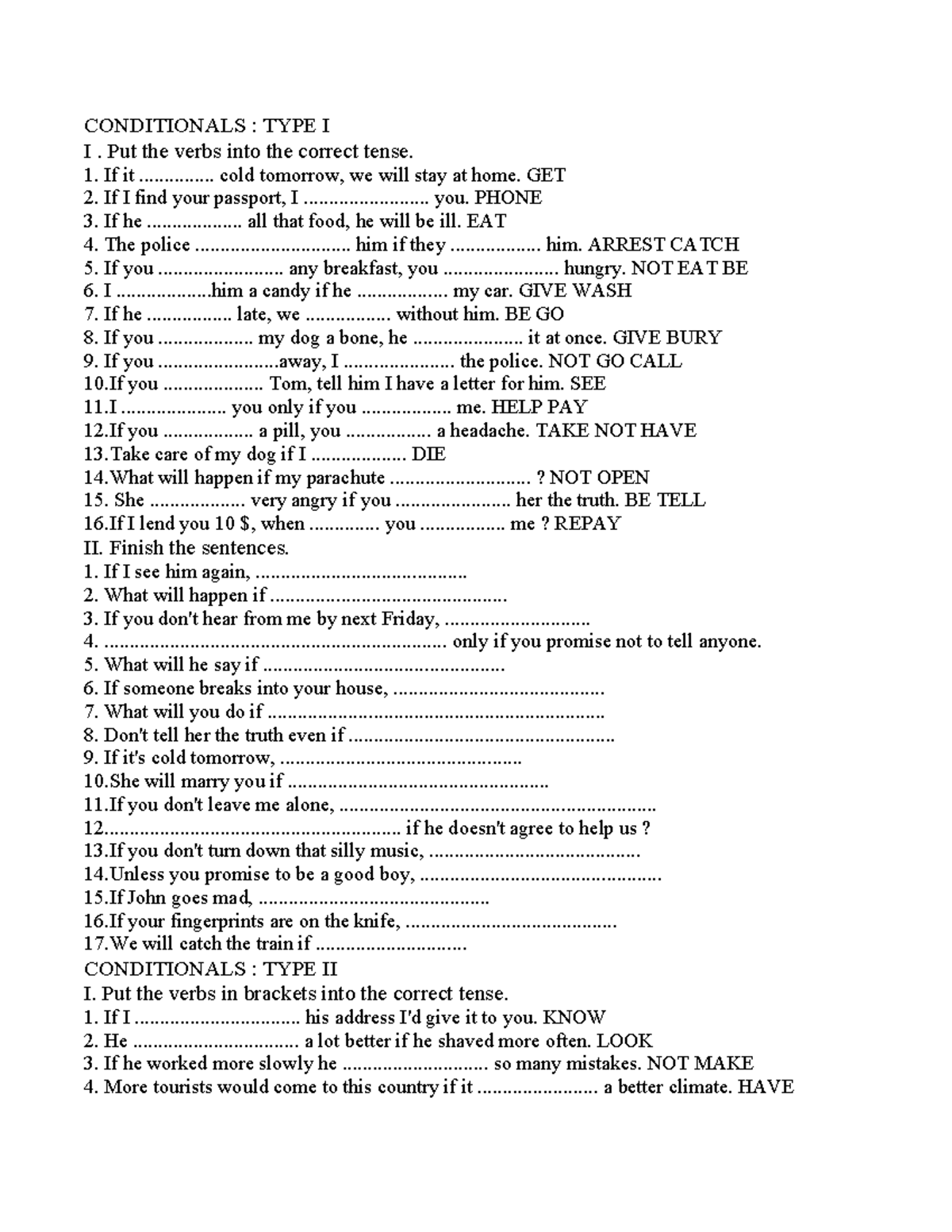 Conditionals: Type I & II Exercises for English 176020642 - Studocu