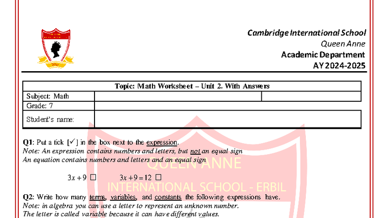 Grade 7 Math Worksheet Unit 2 with Answers - Cambridge International ...