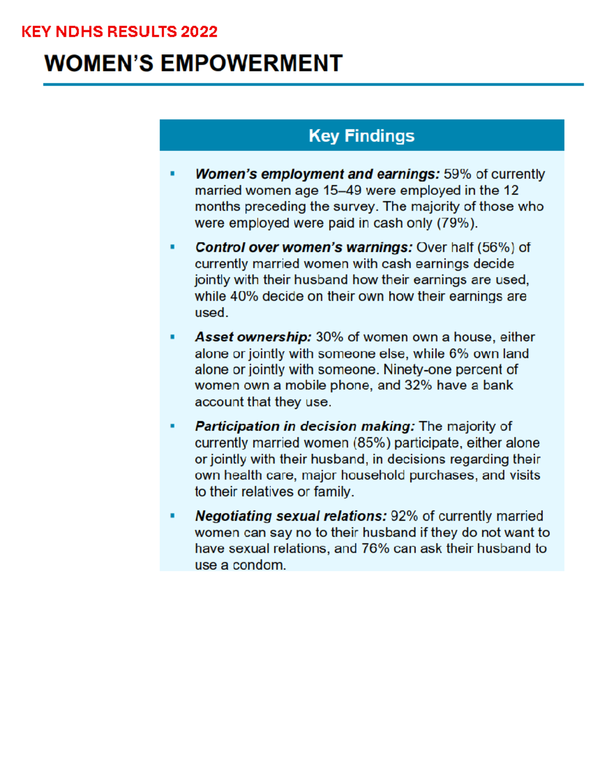 Key Findings from NDHS 2022: Women's Empowerment & Health - Studocu