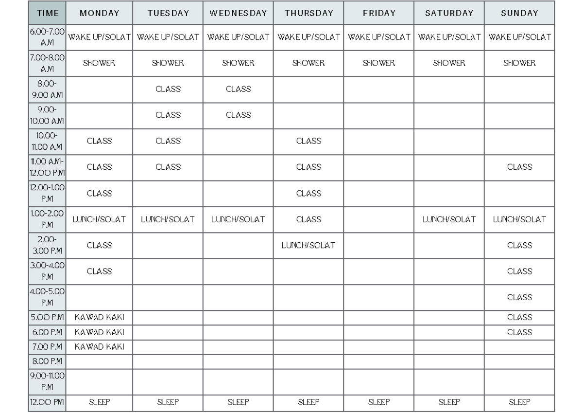 schedule daily life - T I M E M O N D A Y T U E S D A Y W E D N E S D A ...