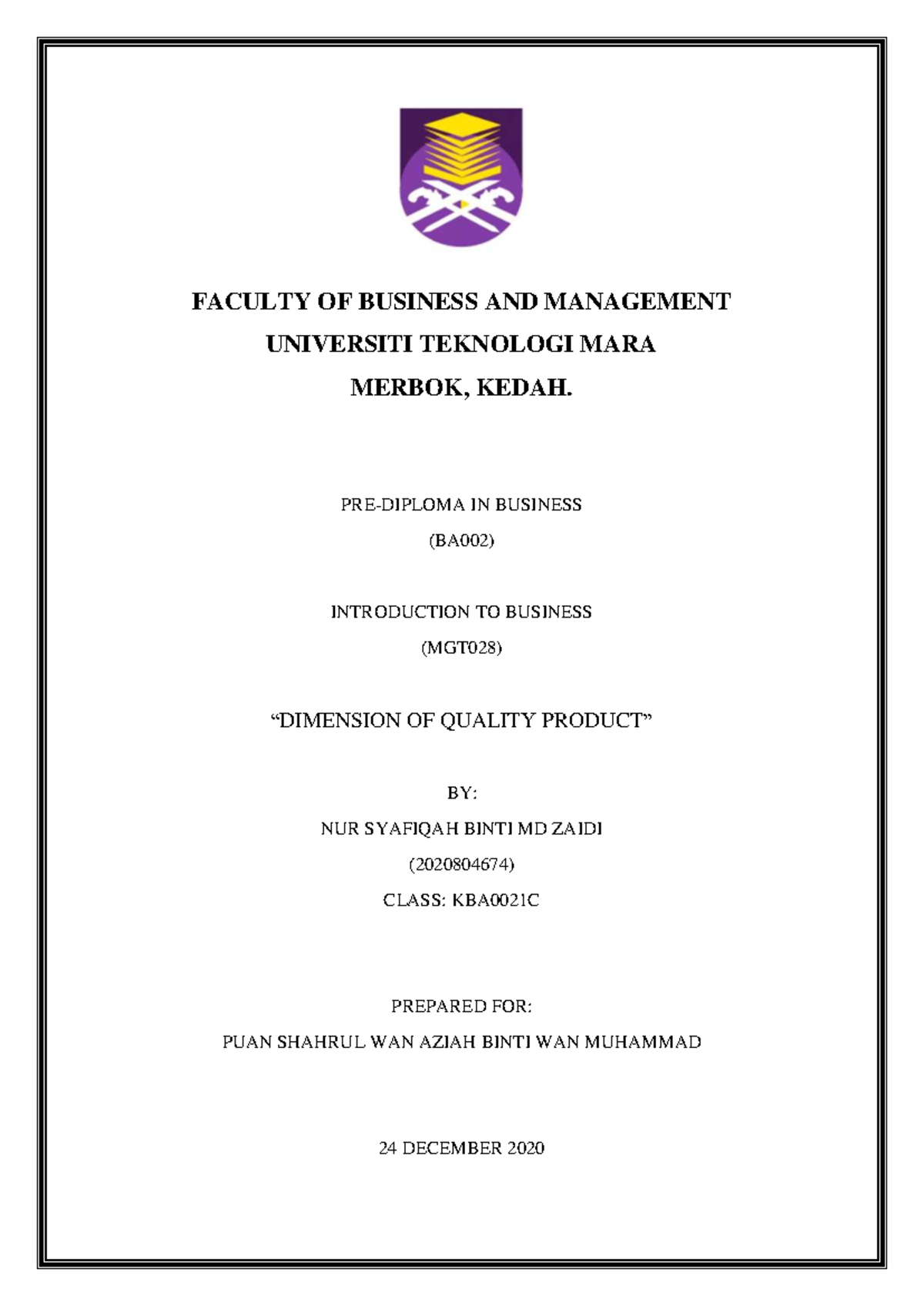 MGT028 Assignment - Dimension of Quality Product Analysis - Studocu