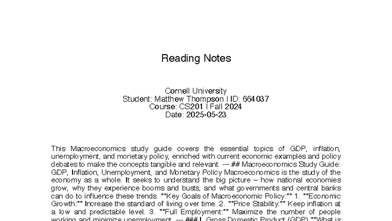 CS201 Fall 2024: Macroeconomics Study Guide on GDP, Inflation, and Policy - Studocu