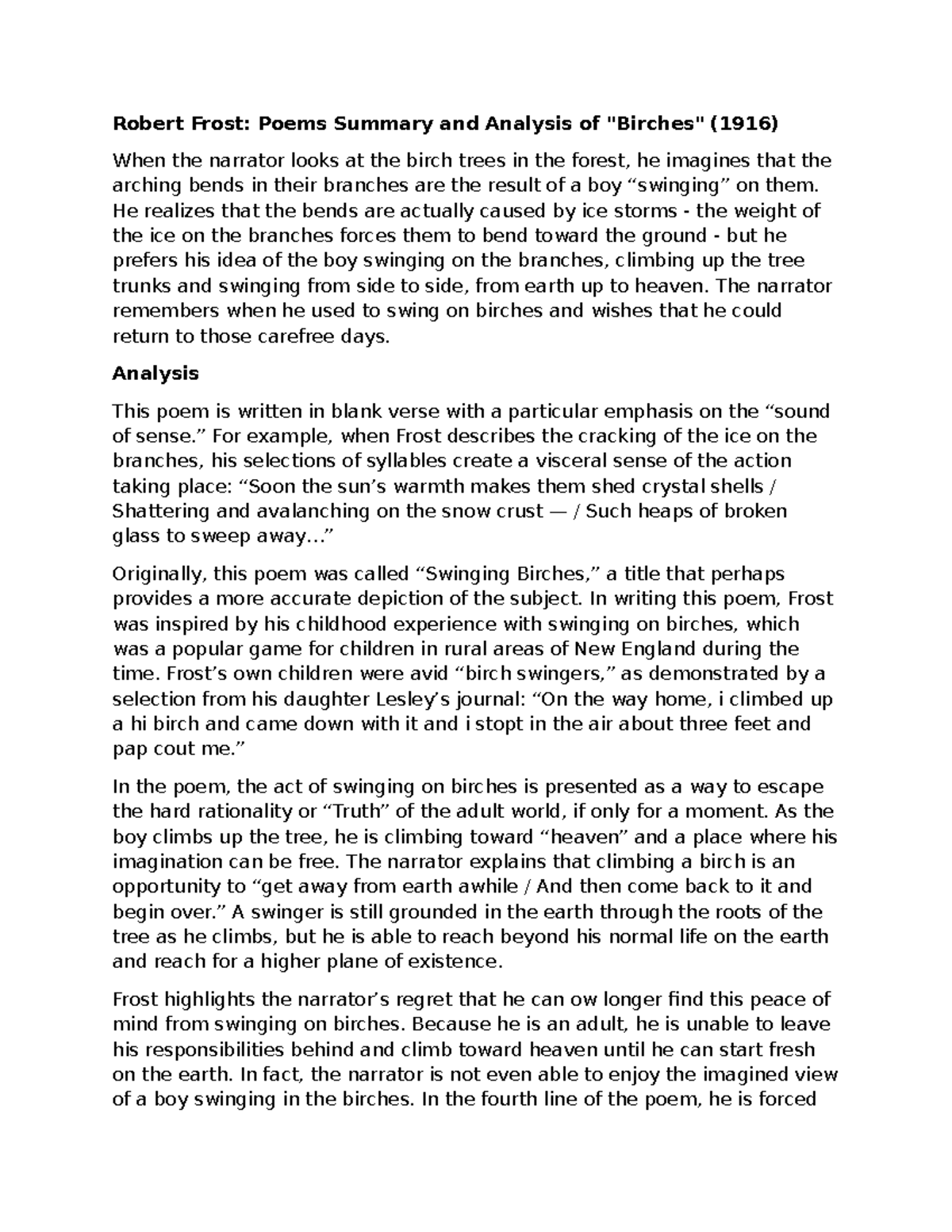 Birches - summary and analysis - Robert Frost: Poems Summary and ...