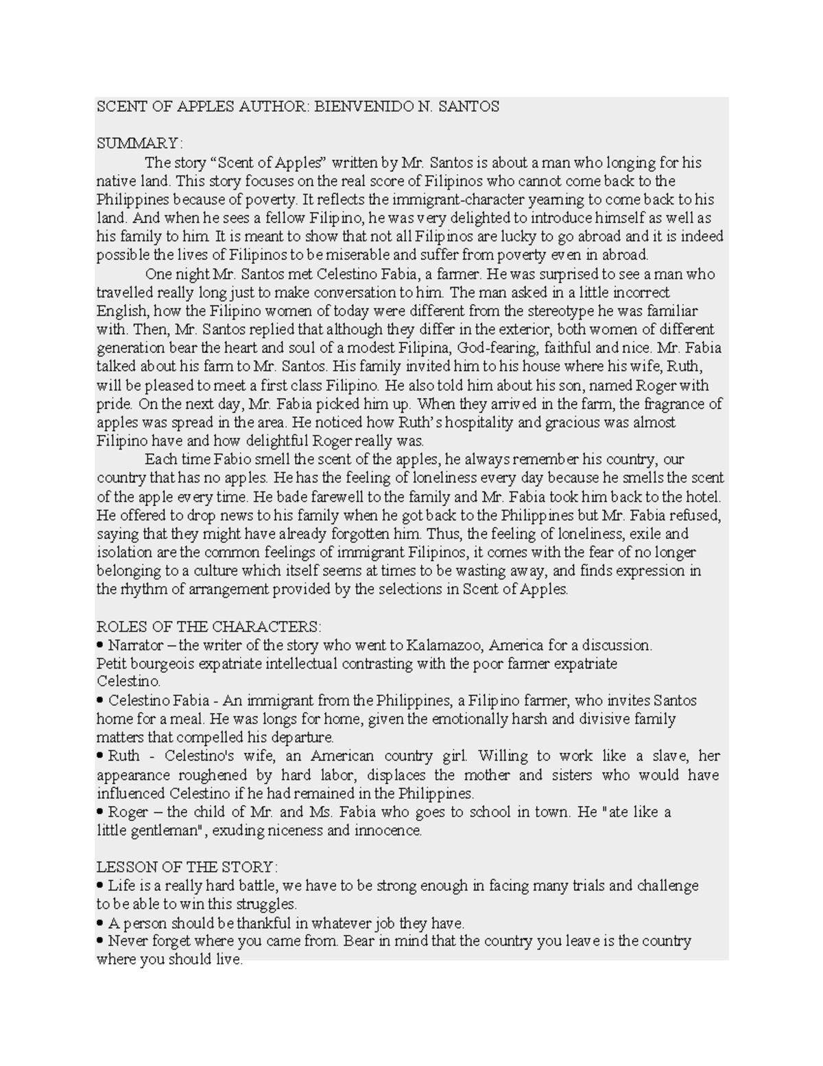 Scent of Apples by Bienvenido Santos: Themes and Character Insights - Studocu