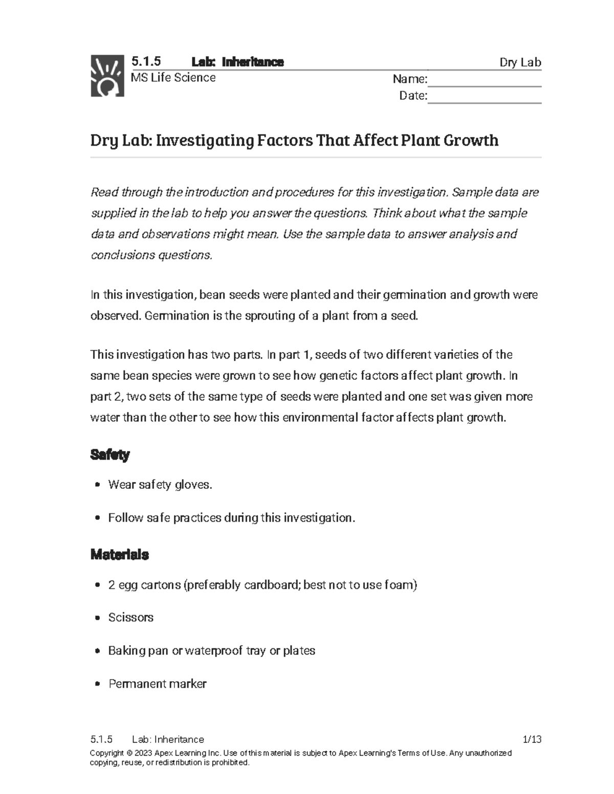 MS Life Science 5.1.5 Lab: Investigating Genetic & Environmental ...