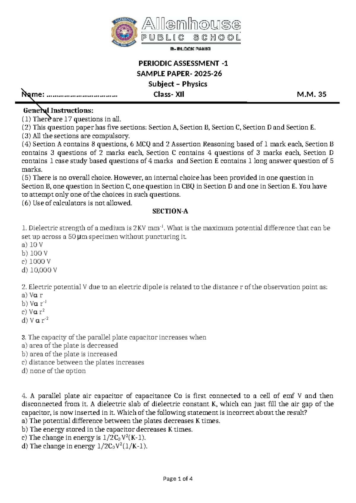 Class 12 Physics Sample Paper PA 1 2025-26 - Studocu