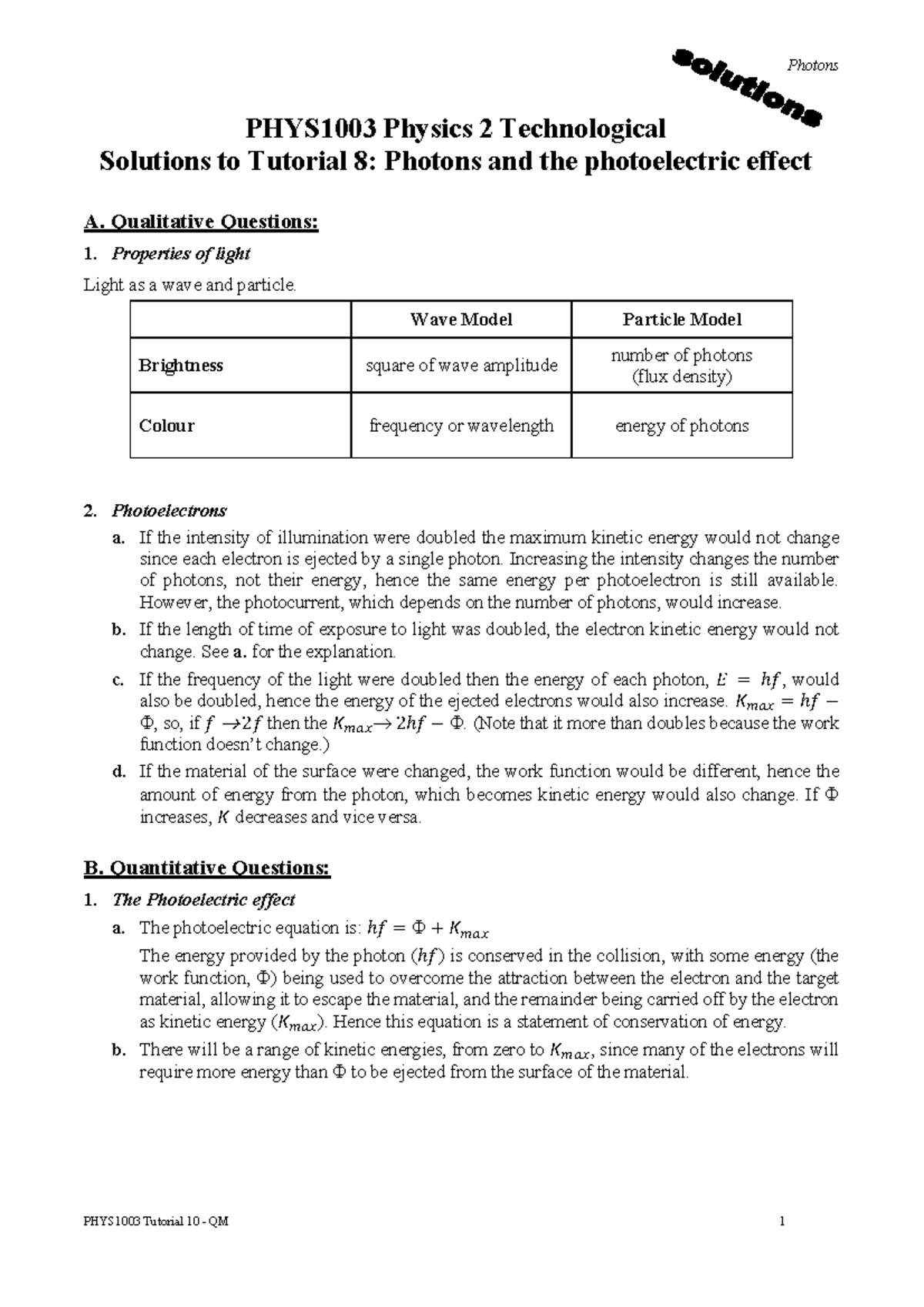 PHYS1003 Tutorial 10 Solutions: Photons and Photoelectric Effect - Studocu