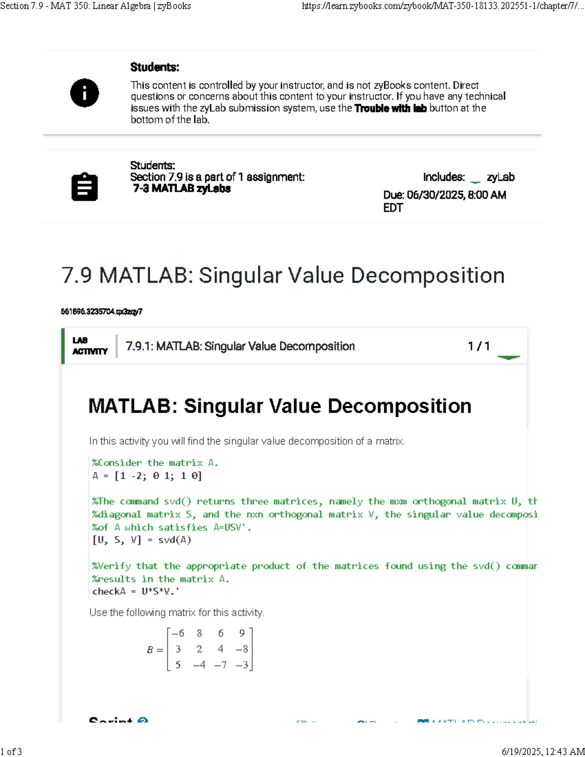 Section 7.9 MAT 350: MATLAB Singular Value Decomposition Notes - Studocu