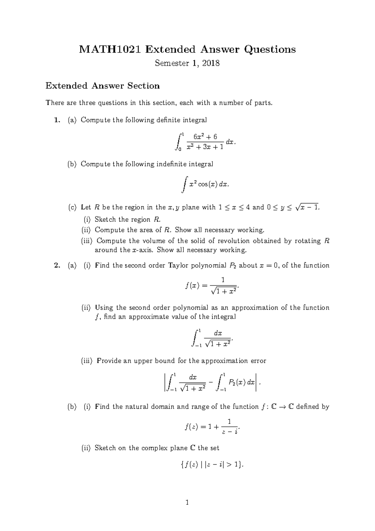 MATH1021 S1 2018 Extended Answer Questions and Solutions - Studocu