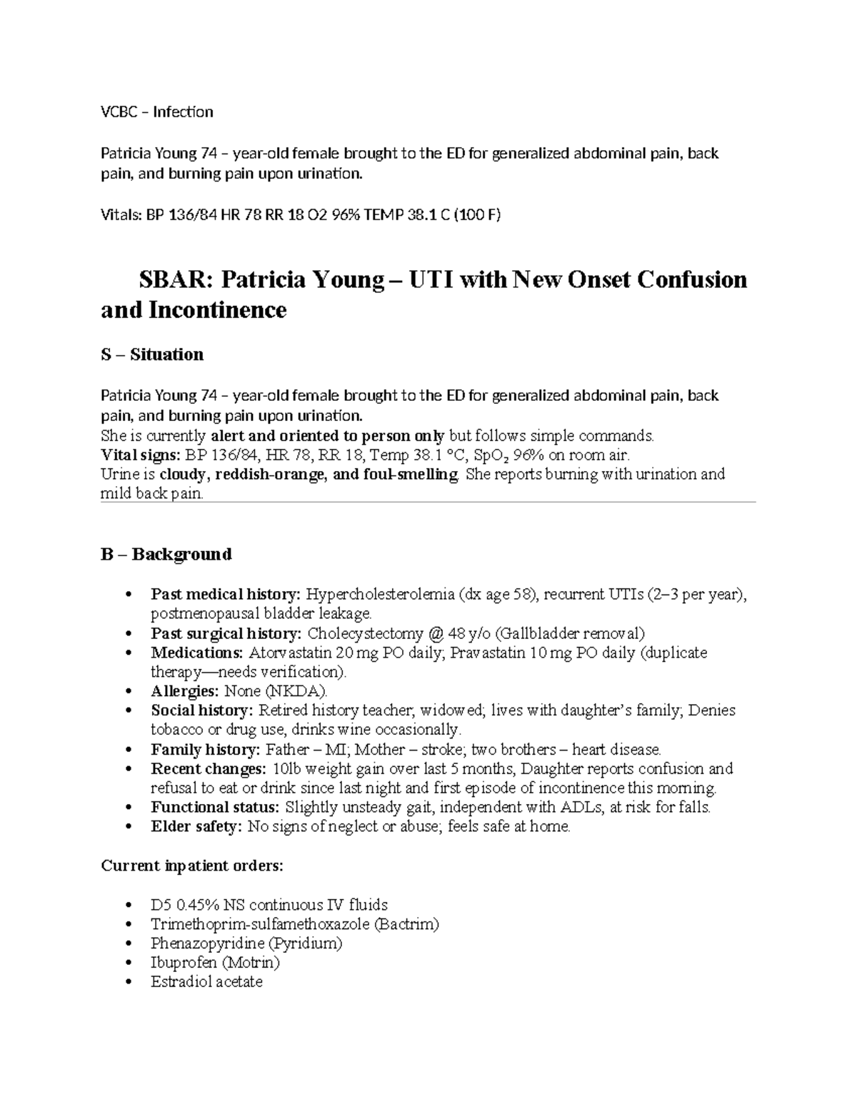 VCBC Nursing Case Study: UTI and Sepsis Management for Patricia Young ...