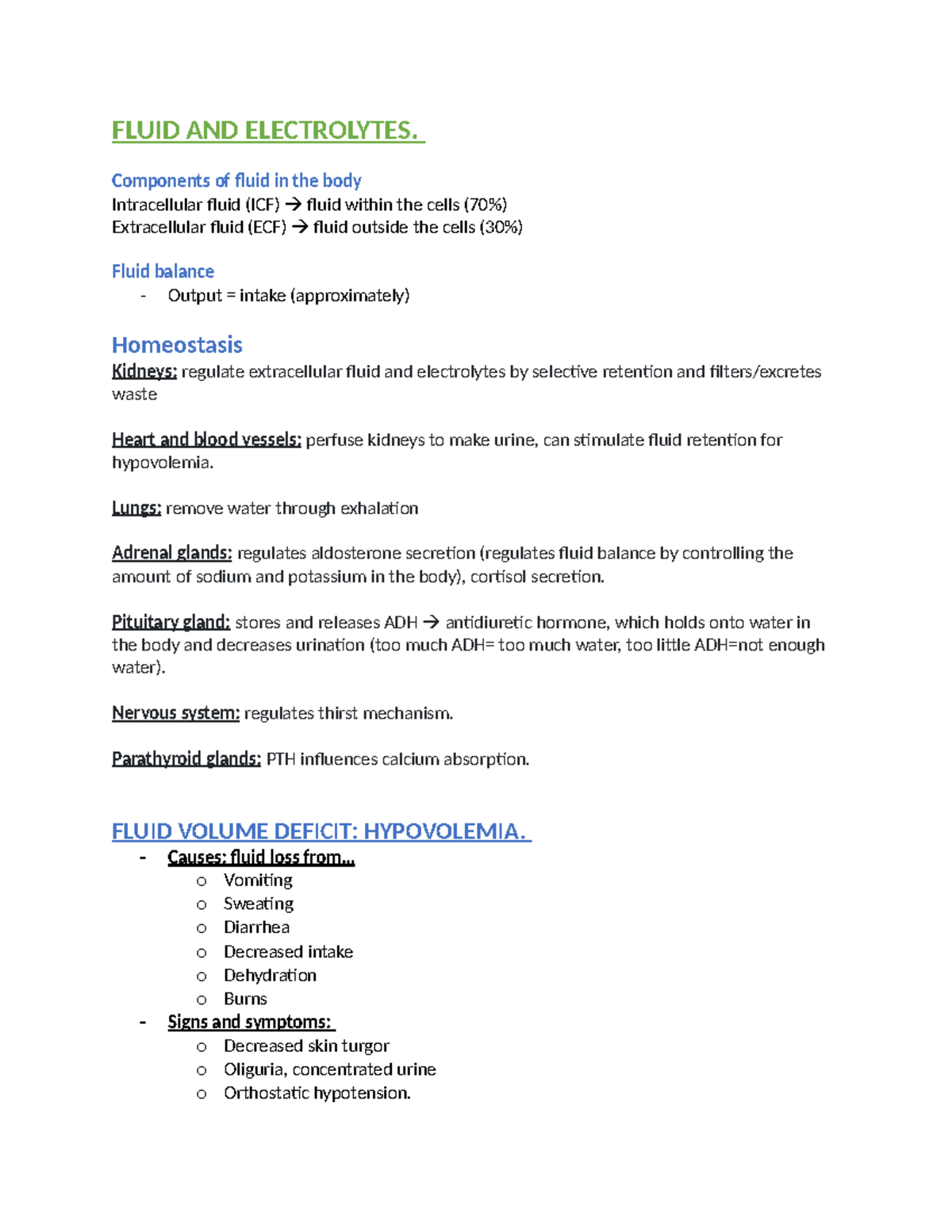 Fluid and Electrolytes: Key Concepts and Management Strategies - Studocu