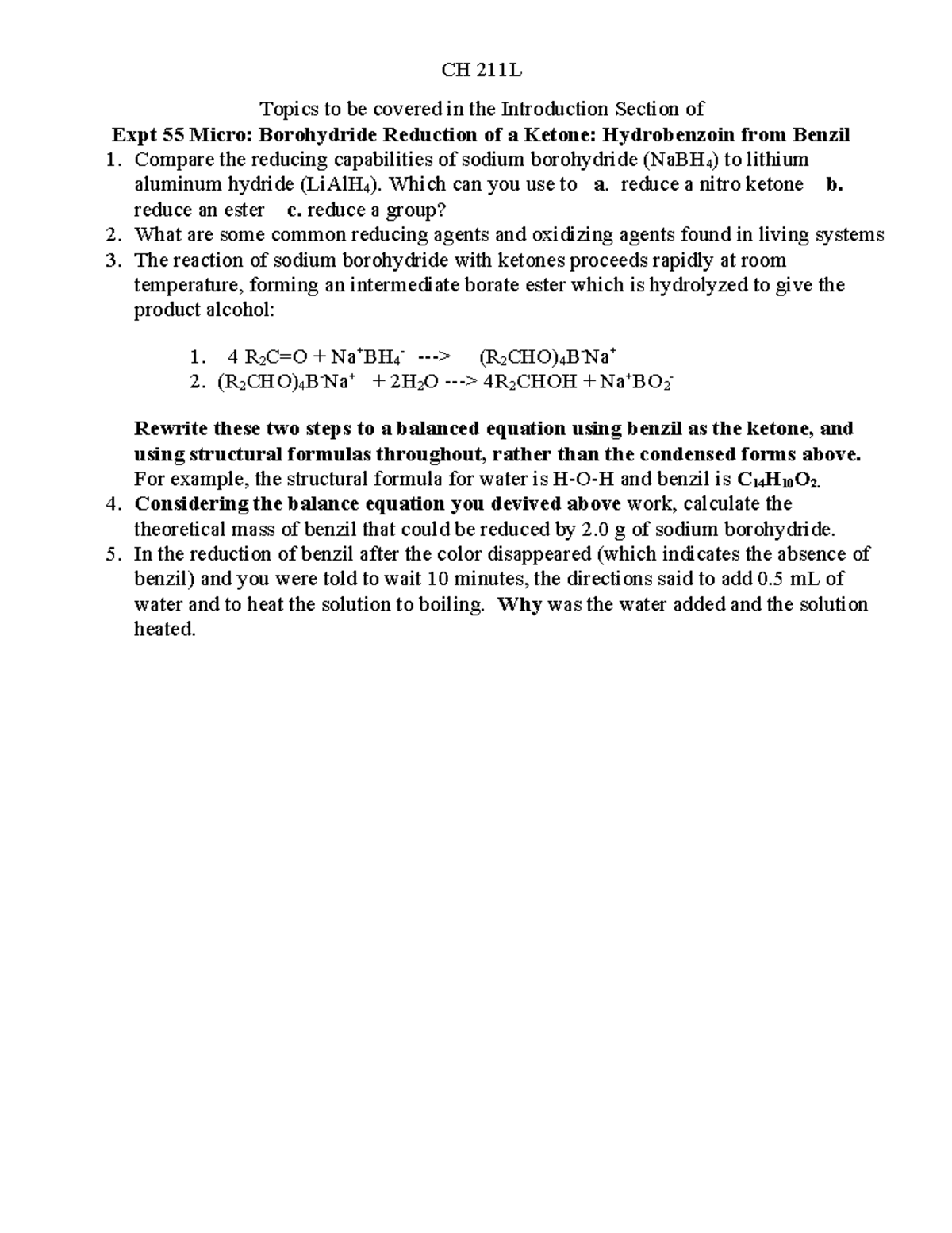 Reduction of Benzil Lab Questions - CH 211L Experiment 55 Insights ...