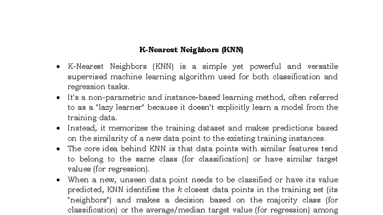 K-Nearest Neighbors (KNN) Algorithm Overview and Applications - Studocu